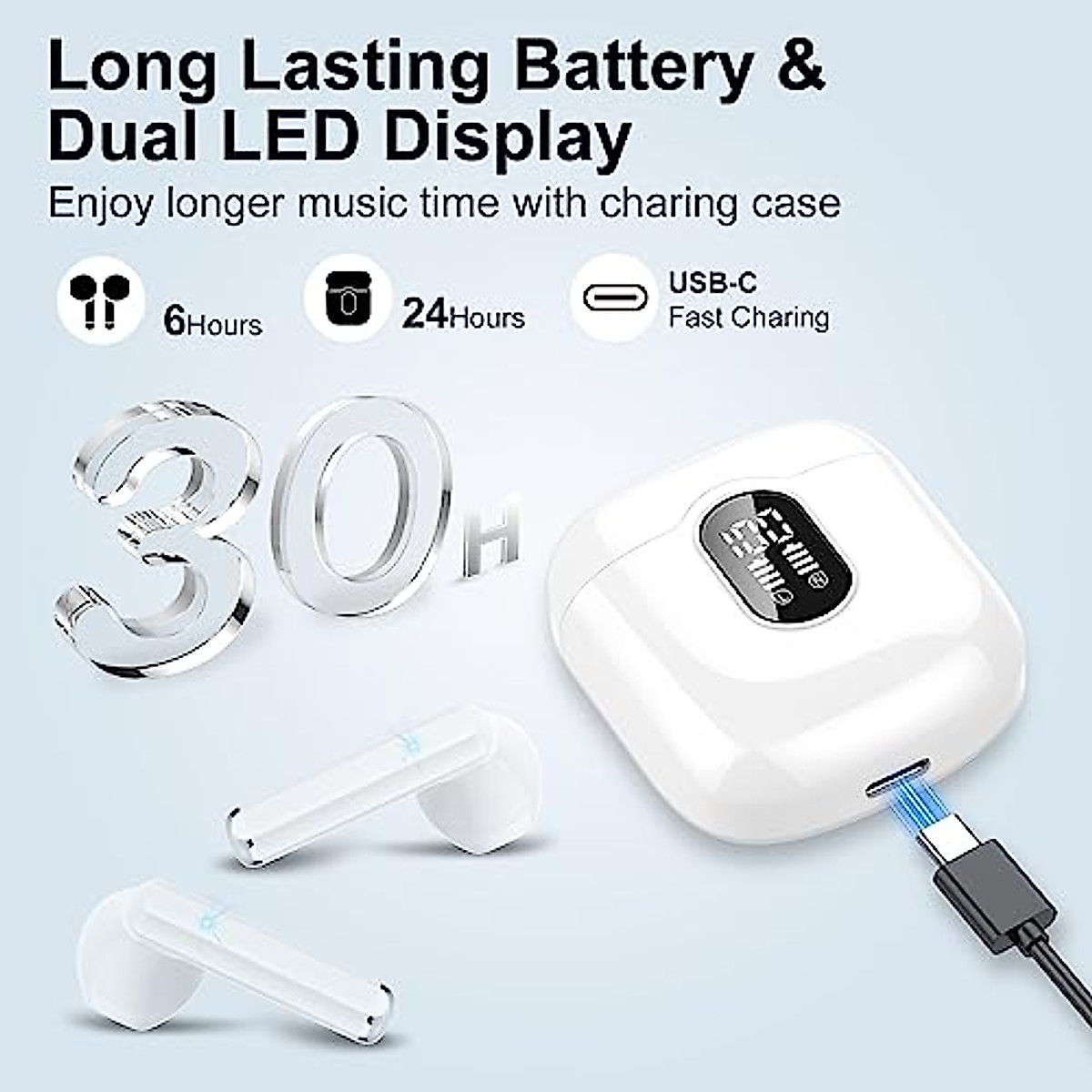 Aptkdoe Wireless Earbuds, Bluetooth 5.3 Headphones with Hi-Fi Stereo Clear Call Mic, 30 Hrs Playtime Bluetooth Earbuds Touch Control with LED Display, IPX7 Waterproof Earphones for iOS Android White