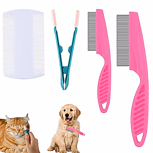 4pcs Flea Comb for Cats and Dogs, Double-Sided Fine-Tooth Lice Comb Tear Stain Removal Stainless Steel and Plastic Multifunctional Magic Pet Hair Cleaning Grooming Tools Brush(pink)