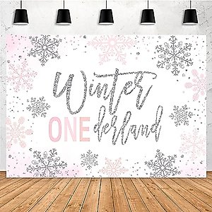 Aperturee 7x5ft Winter Onederland Backdrop 1st Christmas Birthday Snowflake Background Photography Newborn Baby Girl's First Bday Pink Silver Party Decoration Photo Booth Candy Table Decor Banner