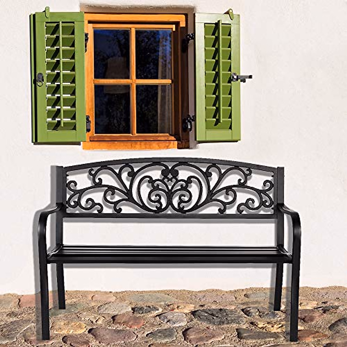 VINGLI 50" Patio Outdoor Metal Bench,Powder Coated Cast Iron Steel for Garden Path Yard Lawn Work Entryway Decor Deck, Black