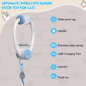 Kezlume Cat Toy Interactive for Indoor Cats, Smart USB Rechargeable Door Hanging Automatic Retractable Kitten Toys, Teaser Electronic Self Play Feather Cat String Toy Attached with 3 Catnip Mice White