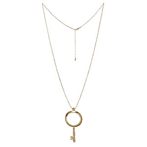 Antique Key 4x Magnifying Glass Pendant Necklace with 30" Chain (Gold Tone)