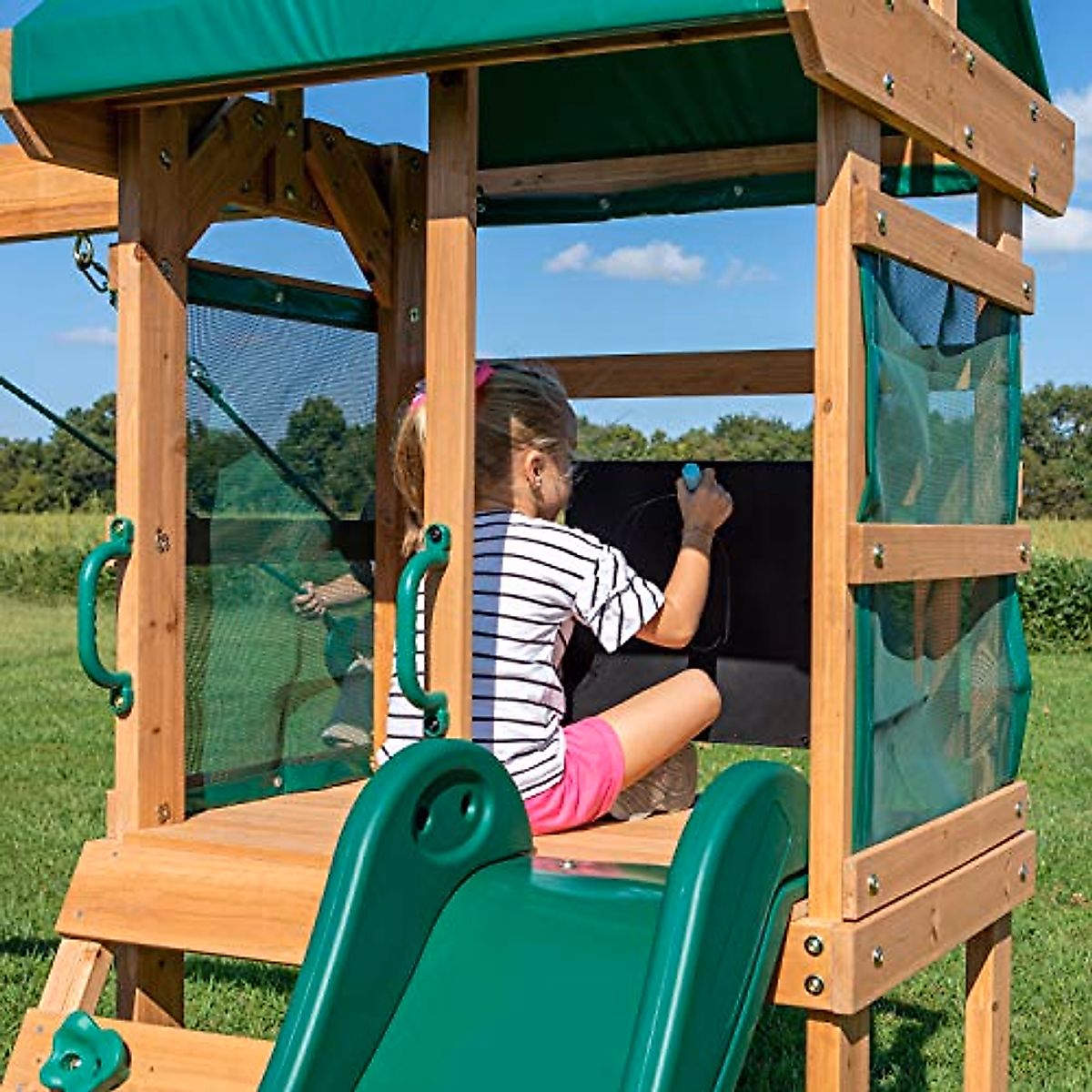Backyard Discovery Buckley Hill Wooden Swing Set, Made for Small Yards and Younger Children, Two Belt Swings, Covered Mesh Fort with Canopy, Rock Climber Wall, 6 ft Slide Green