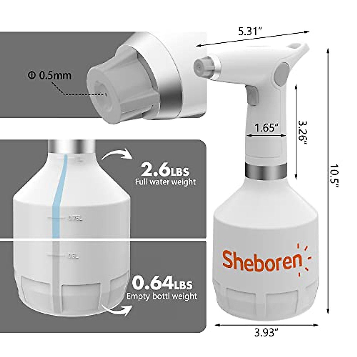 1L Electric Spray Bottle Sheboren Electric Plant Mister Battery Sprayers in Lawn and Garden Fertilizing Automatic Plant Mister Spray Bottle with Adjustable Spout for Plants, Household Cleaning (White)