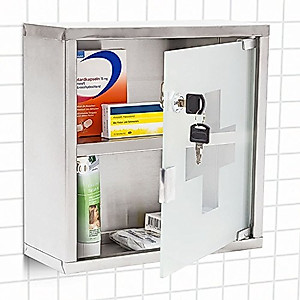 Medical Cabinet First Aid Locking Door and 2 Shelves for Medicine & Bandages, Made of Stainless Steel & frosted Glass. Wall Mount Storage Container 12 x 5 x 5 inch.