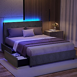 HOMFAMILIA LED Full Bed Frame with 4 Storage Drawers, Upholstered Full Platform Bed with Adjustable LED Lights Headboard, Storage, Noise Free, No Box Spring Needed, Easy Assembly, Dark Grey