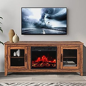 Vikiullf TV Stand with Electric Fireplace - Fireplace TV Console for TV up to 65", Home Entertainment Center with Storage Cabinet, Living Room TV Stands, Rustic Oak