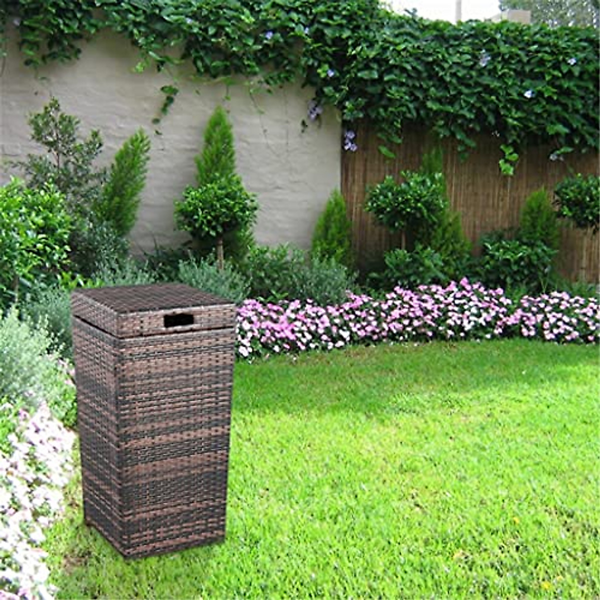ZSEDP with Top Cover Iron Frame Rattan Trash Can Brown Gradient Outdoor Trash Can Warehouse