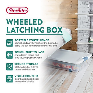 Sterilite 56 Qt Wheeled Latching Storage Box, Stackable Bin with Latch Lid, Plastic Container to Organize Shoes Underbed, Clear with White Lid, 8-Pack