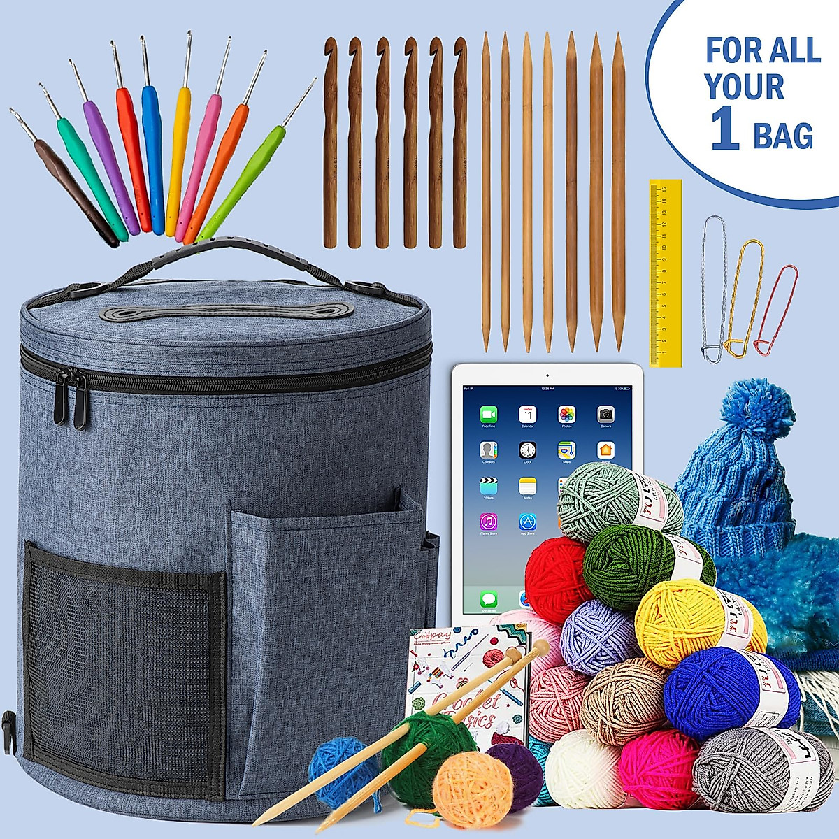 EOLIMEX Expandable Crochet Bag-Knitting Bag Yarn Storage Organizer - Yarn Bag and Crochet Tote, Yarn Holder for Crocheting, Crochet Accessories, Suppliers, Needles with Zipper Closure-Ideal Gift