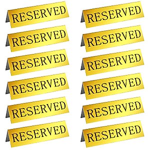 12 Pieces Table Top Reserved Sign Metal Reserved Table Signs Reserved Seating Signs Double Sided Table Tent Sign for Wedding Restaurant Family Ceremony Events, 5.91 x 3.15 Inches (Golden)