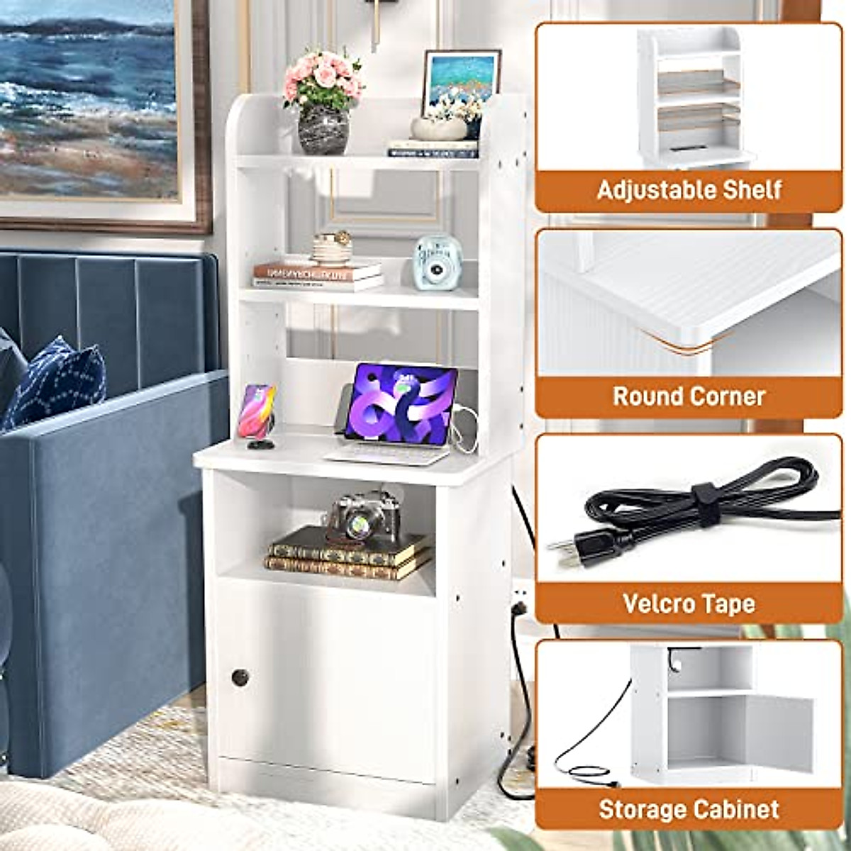 White Nightstand with Charging Station and USB Ports, 47" Tall Bedside Table with Adjustable Bookshelf, Industrial End Table Side Table with Storage Cabinet for Home Office, White