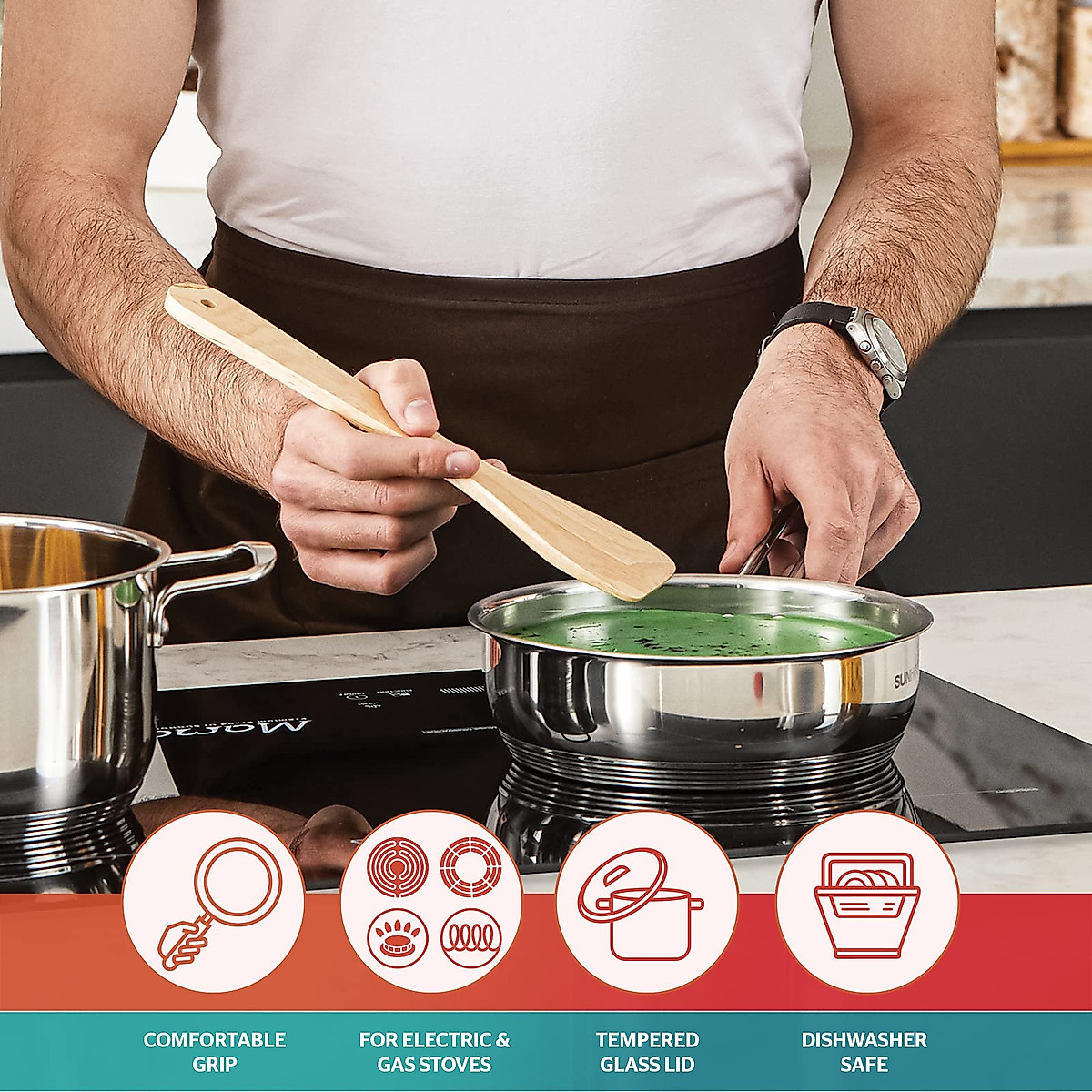 SUNHOUSE - Stainless Steel Cookware Set with PFOA-free, 18/10 Stainless Steel Pots and Pans Set - Tasty Cookware Set Including Saucepan, 2 Stock Pots, Steamer and 2 Frying Pans (9-Pieces Cookware Set)