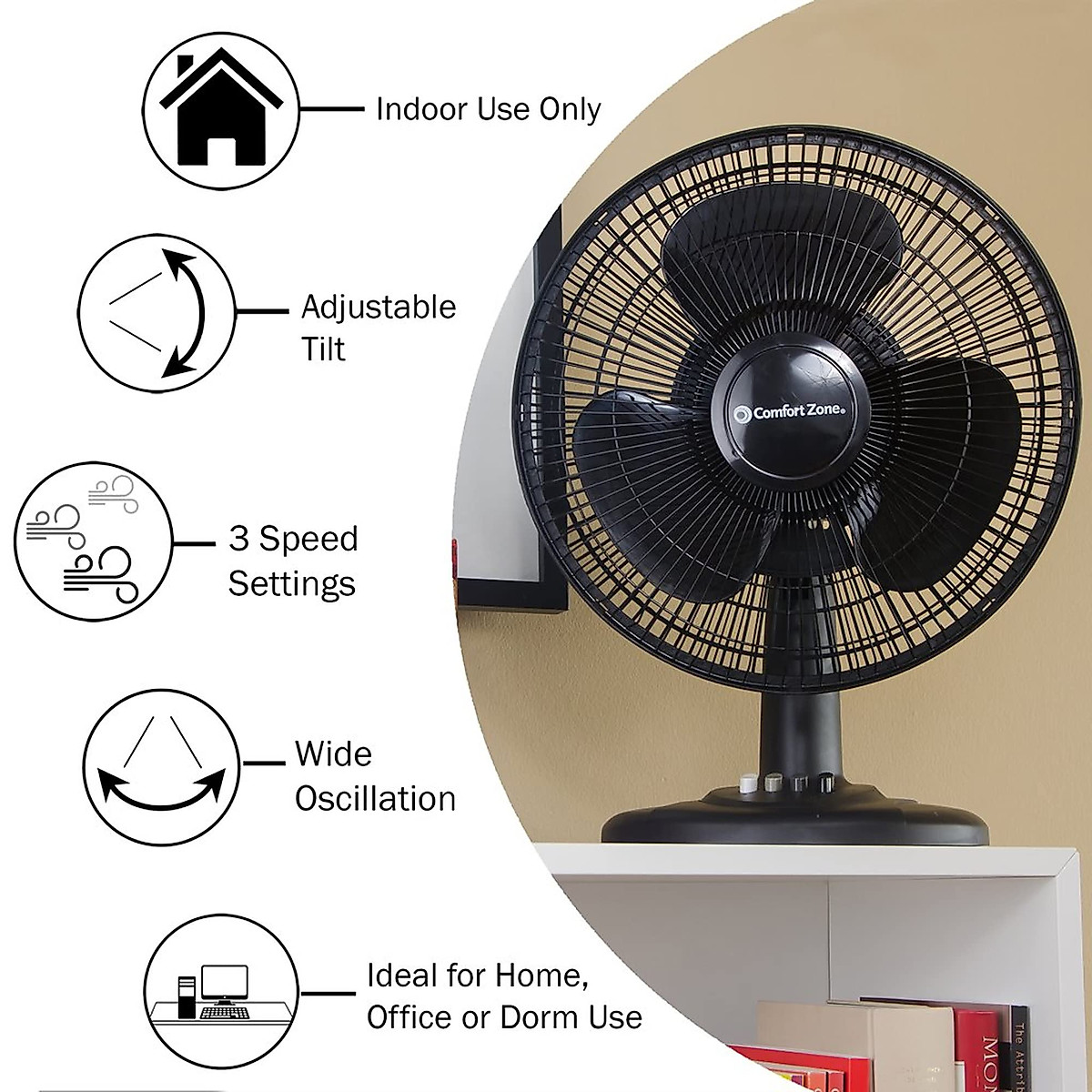 Comfort Zone CZ121BK 3-Speed 12-inch Oscillating Table Fan with Adjustable Tilt
