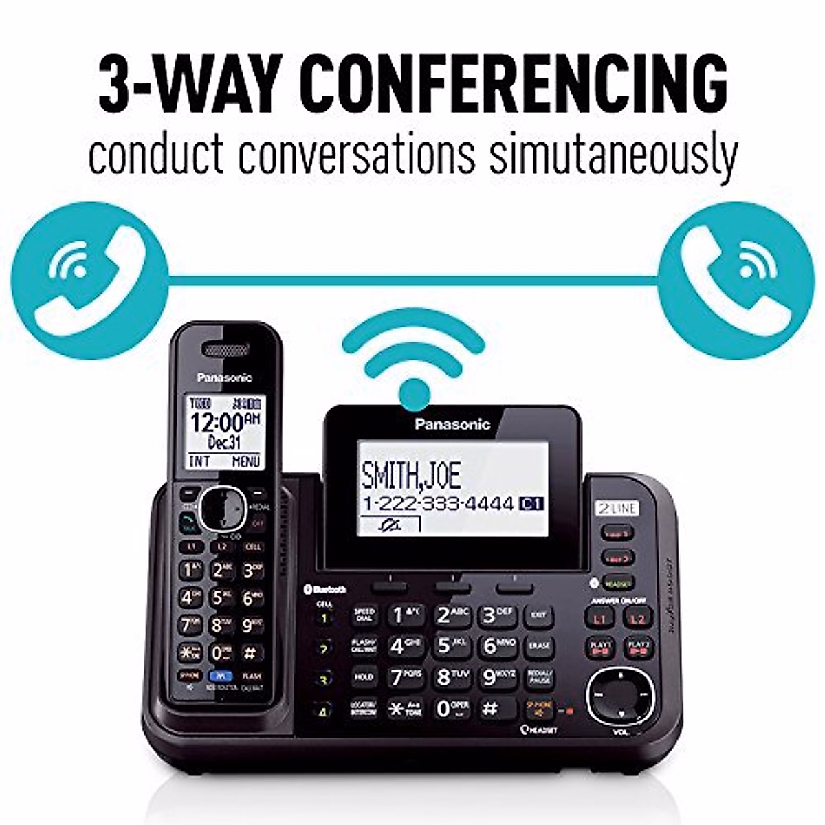 Panasonic 2-Line Cordless Phone System with 2 Handsets - Answering Machine, Link2Cell, 3-Way Conference, Call Block, Long Range DECT 6.0, Bluetooth - KX-TG9542B (Black)