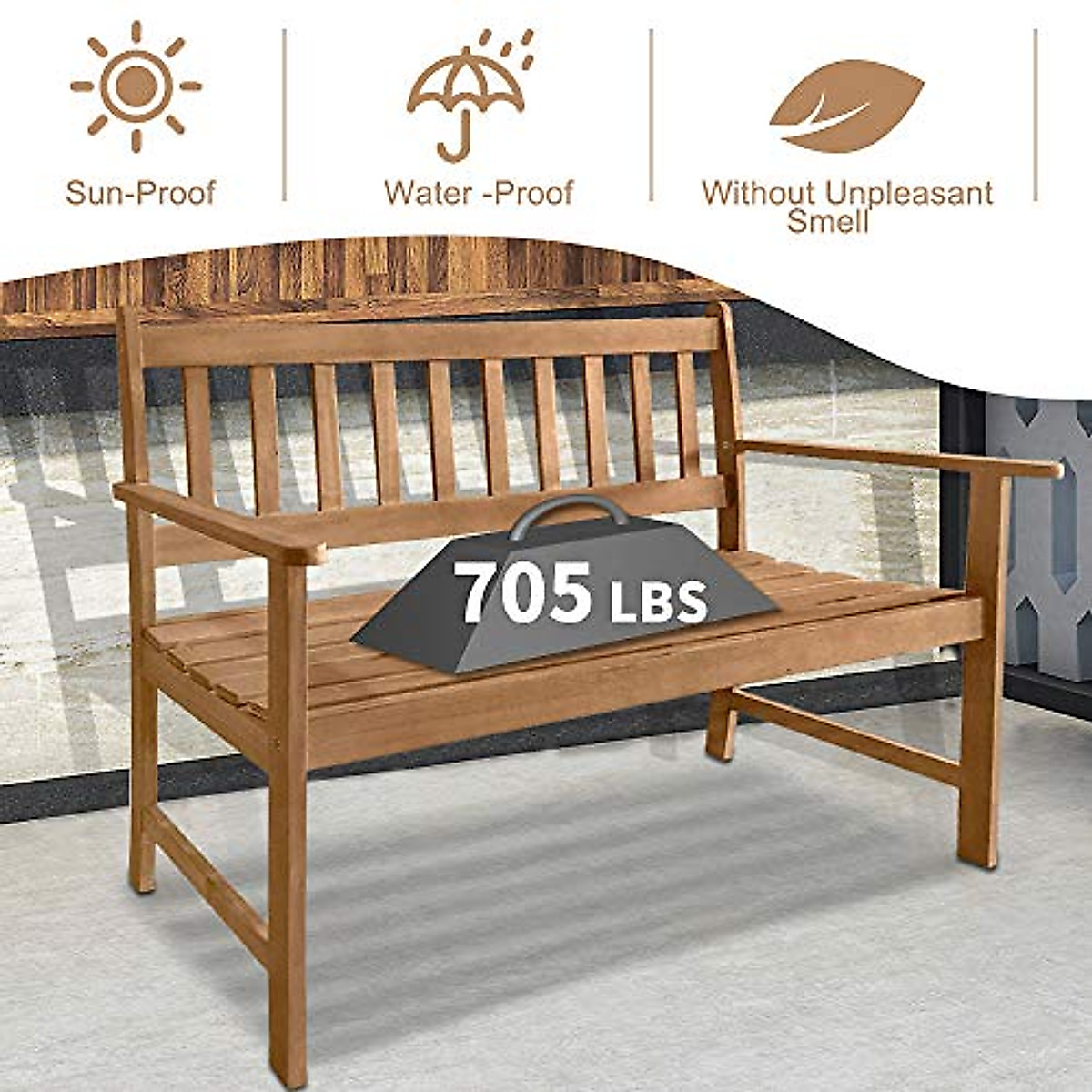 Outdoor Patio Bench Furniture Wooden Bench Wicker Bench Farmhouse Bench W/Backrest &Wide Armrest Natural Oiled for Park Yard Large Bench Garden Bench, (Natural