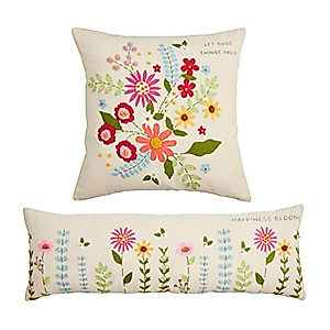 Mud Pie Embroidered Floral Canvas Pillow, Happiness