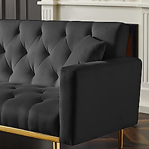 Modern Velvet Convertible Sleeper Sofa Bed with 2 Pillows, Futon Sofa Couch Loveseat with Multiple Adjustable Positions and Gold Metal Legs for Living Room Bedroom Office Apartment (Black)