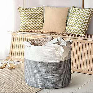 Goodpick Cotton Rope Basket with Handle for Baby Laundry Basket Toy Storage Blanket Storage Nursery Basket Soft Storage Bins-Woven Basket, 15'' × 15'' × 14.2''