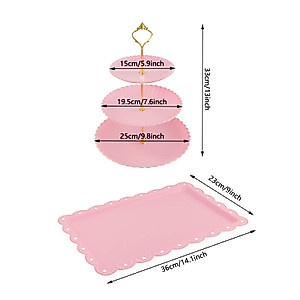 10 Pcs Pink Plastic Cake Stand, 4 Pcs 3 Tier Dessert Display Stands Cookie Tray Rack Serving Tray Cake Display Tower and 6 Pcs Dessert Trays for Wedding Baby Shower Tea Party (Pink)