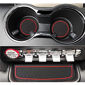 Auovo Anti Dust Mats for Ford Mustang 2023 2022 2021 2020 2019 2018 2017 2016 2015 Custom Fit Cup Holder Insert Liner Coaster Door Pads Interior Accessories (5 pcs/Set) (Red Trim)