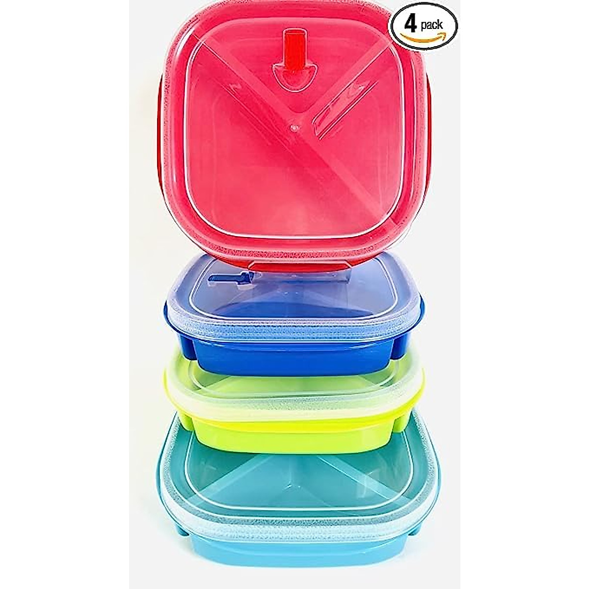 Set of 4 - Microwave Food Storage Containers, Lunch Boxes - 3 Section / Compartment Divided Plates w/ Vented Lid and 1 BAMD Kitchen Conversion Magnet, 41965n