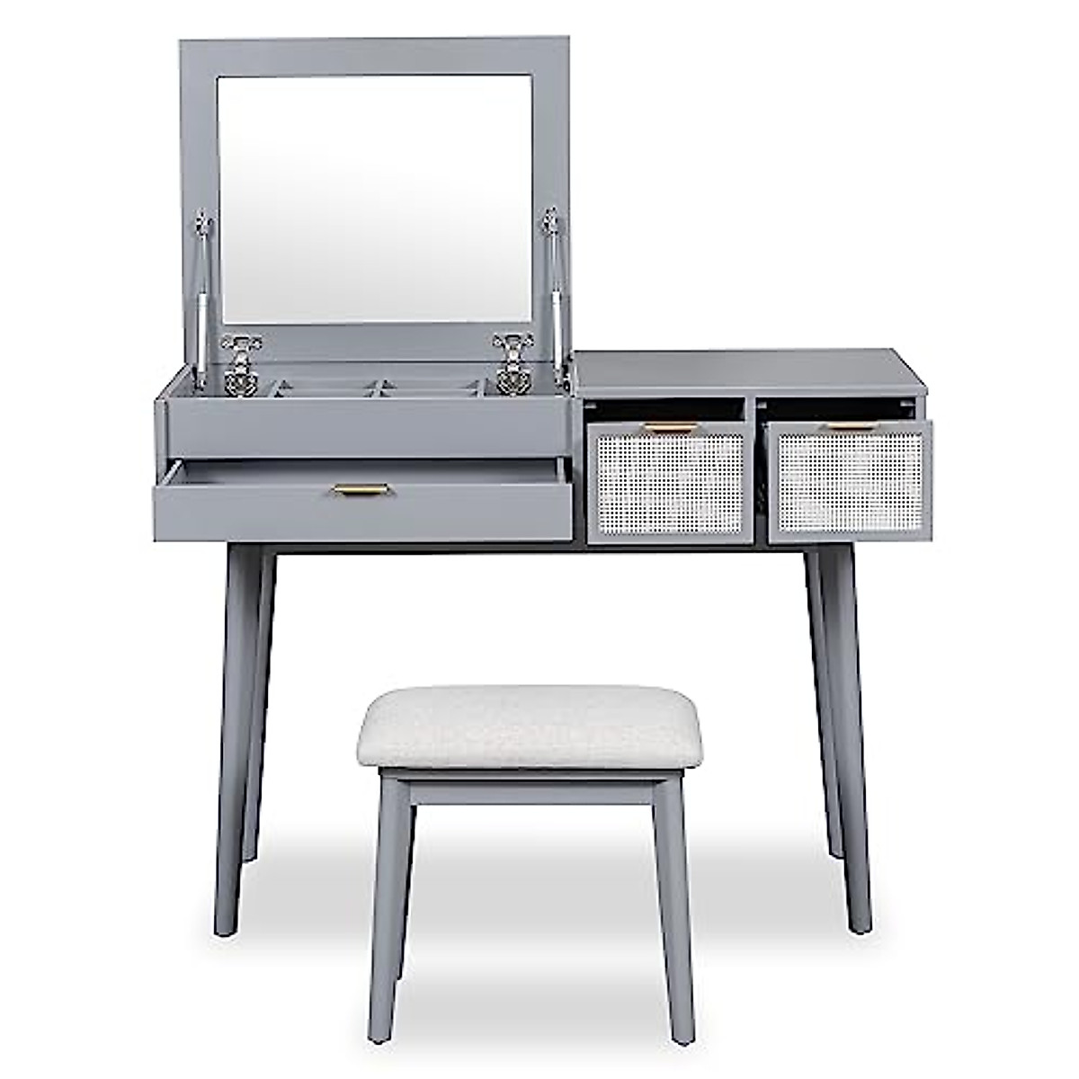 Lifeand 43.3" Classic Wood Makeup Vanity Set with Flip-top Mirror and Stool, Dressing Table with Three Drawers and Storage Space,Gray