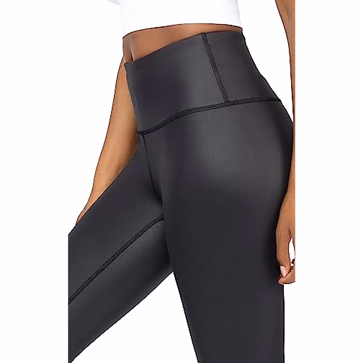 90 Degree By Reflex Women's High Waisted Tummy Control Squat Proof Faux Leather Pleather Ankle Leggings - Black Cire - Medium