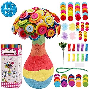 DigHealth DIY Vase with Flowers Craft Kit for Kids, Make Your Own Flower Bouquet by Buttons and Fabric, Crafts and Art Set Gift for Girls Boys Age 4 5 6 7 8 9 10 12 Years Old