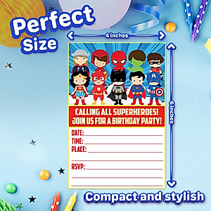 20x Super Hero Kids Birthday Invitations and Envelopes – Fill-in Happy Birthday Party Invitations for Kids, 6X4 Inches, Postcard Style