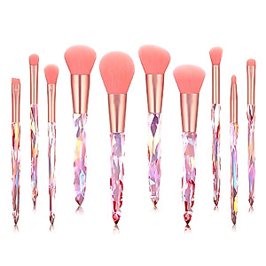 Kingtree Makeup Brushes, 10PCS Pink Crystal Makeup Brush Set Premium Synthetic Foundation Powder Concealer Eyeshadow Makeup Brush Kit, Professional Make Up Brush Set for Girls and Ladies