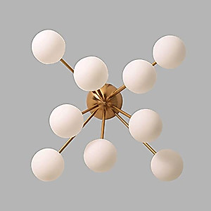 BAODEN Large 9 Lights Modern Globe Semi Flush Mount Ceiling Light Mid Century Sputnik Chandeliers with White Globe Glass Lampshade Brushed Brass Elegant Light Fixture for Living Room Lighting(Gold)
