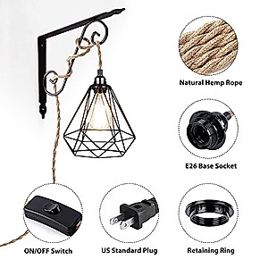 Plug in Hanging Light Fixture, 15FT Pendant Lamp Lights Cord with Switch Cord E26 Bulbs Socket, Industrial DIY Twisted Hemp Rope Overhead Lamps for Farmhouse Bedroom Home Lighting Decors
