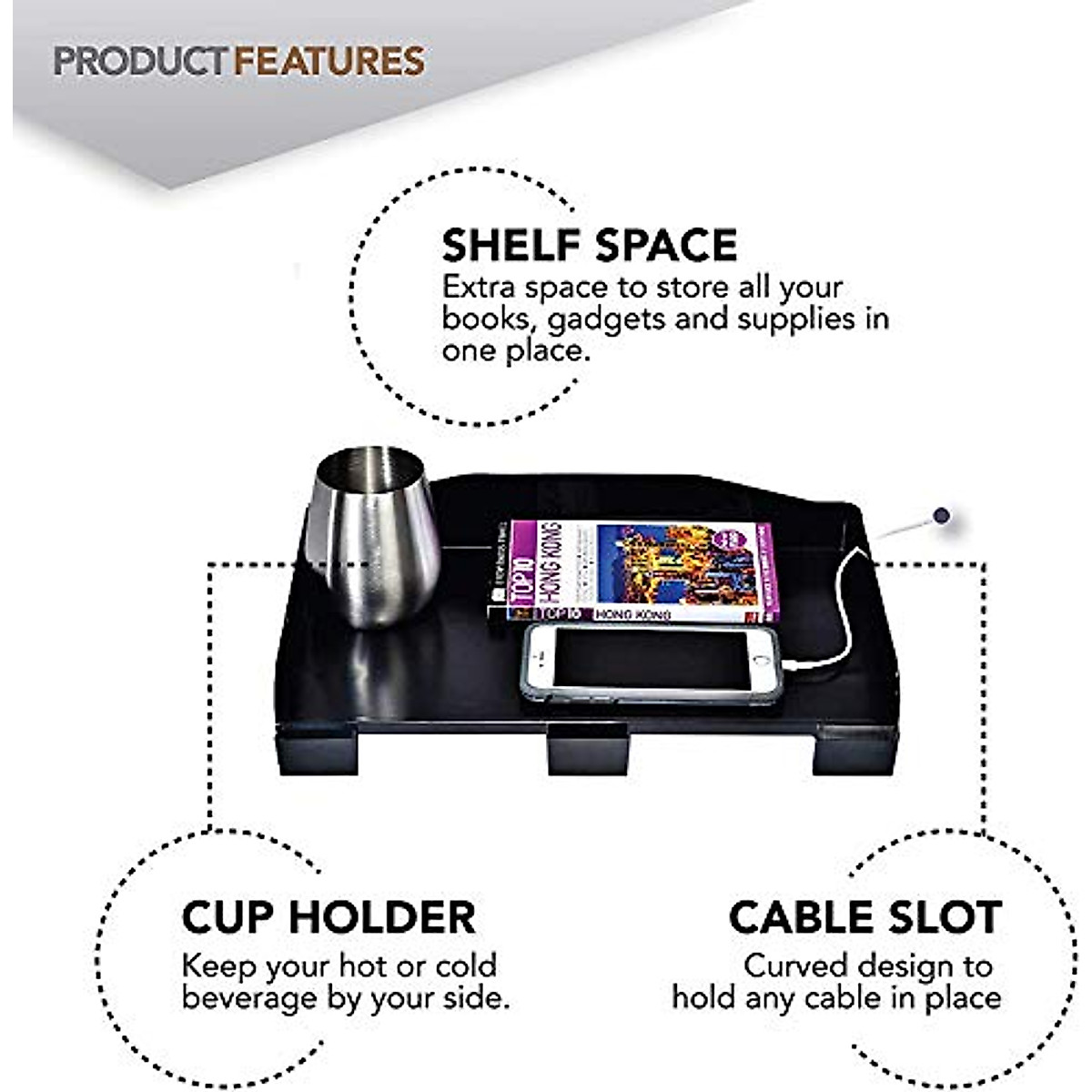 Modern Innovations Bedside Shelf for Bed, College Dorm Room, Bunk Bed Shelf for Top Bunk, Clip On Nightstand Tray with Cord and Cup Holder, Bunkbed Caddy for Table Storage (Black)