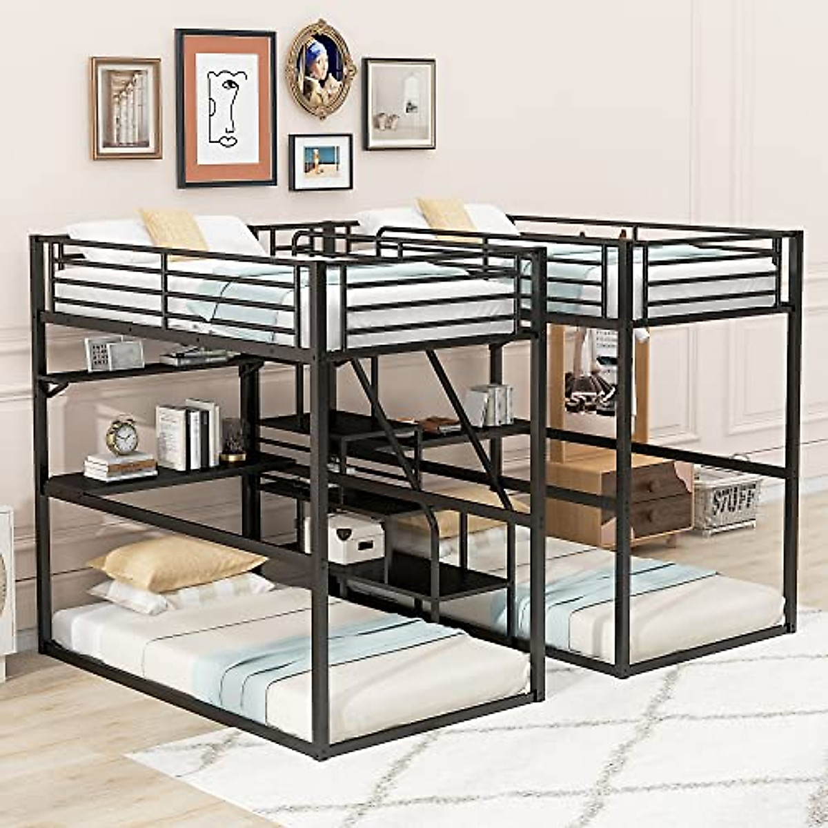 Merax Double Twin Over Twin Metal Bunk Bed with Shelves, and Storage Staircase, Metal Double Loft Bed Frame with Desk, Black