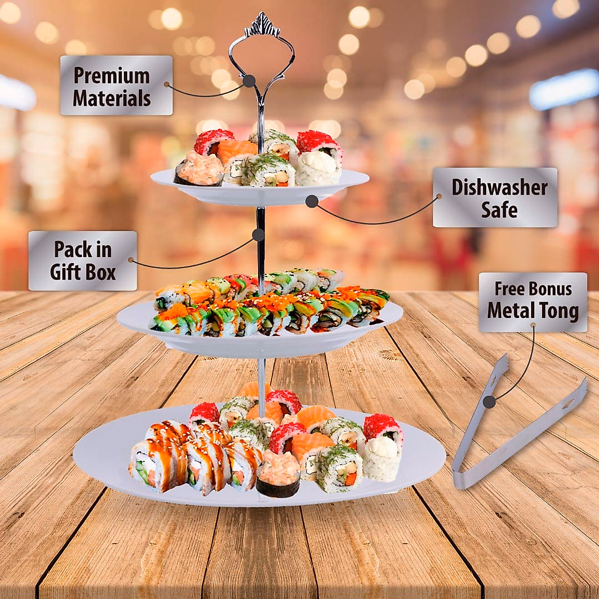 3 Tier Serving Tray Stand – Round Cupcake Dessert Party Platter with Bonus Serving Metal Tongs – Three Tiered Food Holder Display for Weddings, Tea Parties, Birthdays or Holiday Dinners