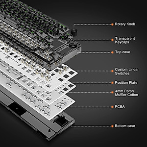 65% Hot-Swap Wired Mechanical Gaming Keyboard Programmable with Transparent 66 Key Full Side RGB OWERTY Linear Ice White Switch Custom Coiled C to A Cable Media Knob 2-IN-1 Case for WIN/PC/MAC(Black)