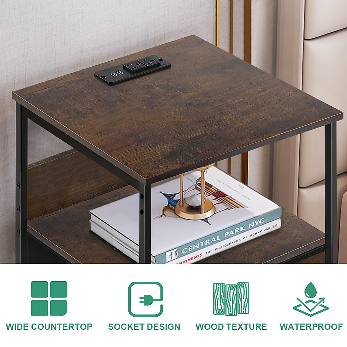 FURWOO Bed Side Table with Charging Station 3-Tier Storage Industrial nightstand with Drawers Good for Bedroom Living Room Rustic Brown