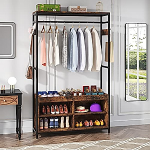 Tribesigns Freestanding Closet Organizer, Wooden Garment Rack for Hanging Clothes, Heavy Duty Wardrobe Rack with Storage, Industrial Clothing Racks with 6-Grid Organizer Box,Rustic Brown