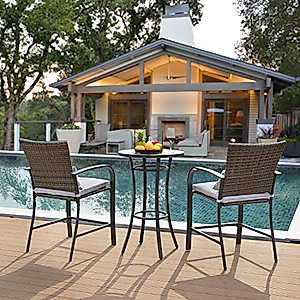 Olmia Outdoor Bar Height Table and Chairs Set of 3, 3PC Outdoor High Top Table and Chairs Set with Gray Cushions and Pillows, Brown Wicker Rattan Bar Height Patio Set with Foot-Rest - Steel Frame