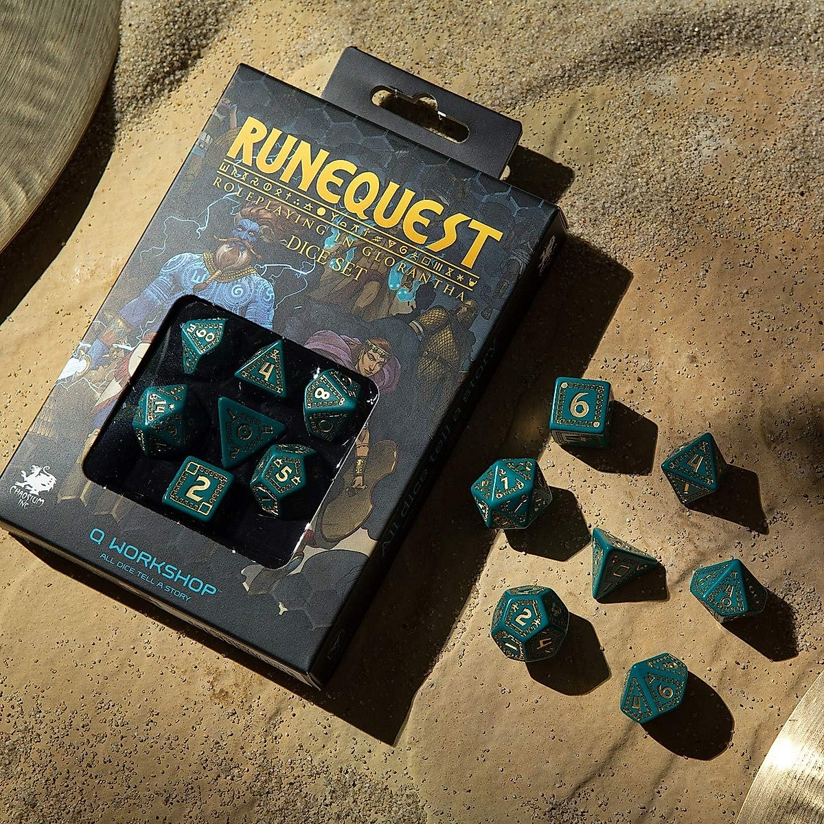 Q WORKSHOP RuneQuest RPG Dice Set 7 Polyhedral Pieces (Turquoise & Gold)