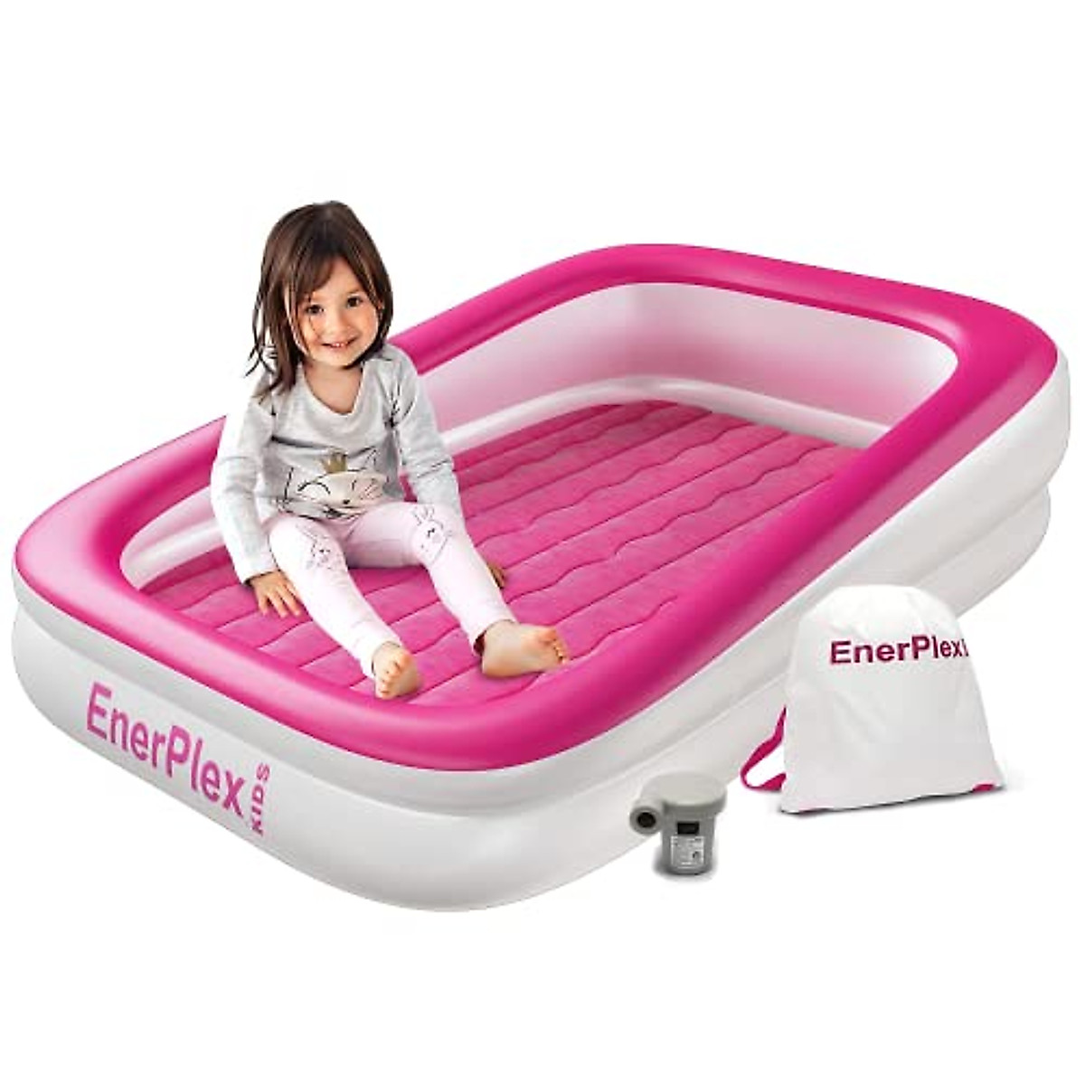 EnerPlex Kids Inflatable Travel Bed with High Speed Pump, Portable Air Mattress for Kids on The Go, Blow up Toddler Travel Bed with Sides – Built-in Safety Bumper - Pink