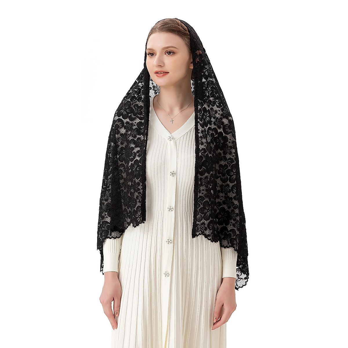 PAMOR Women Rectangular Chapel Veil Scarf Catholic Church Veils Mantilla Wrap Shawl Mass Head Covering (Black)