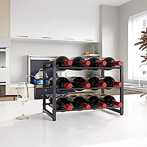 OROPY Wine Rack Freestanding Floor Counter, 3 Tier Display Storage Wine Rack for Countertop, 12 Bottles Wine Rack for Liquor Shelf (Metal Black)