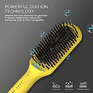 LENA Ionic Straightening Brush - Pro Flat Iron Straightener Comb and Heated Paddle Brush Styler with Extra Ion Care for Ultra Smooth Hair, Anti-Scald，Auto Off, Max 450°F (Yellow)