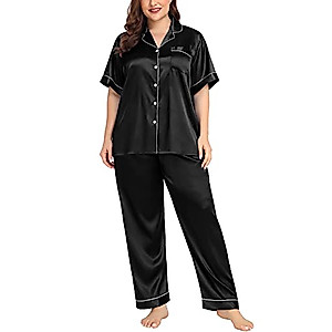SWOMOG Women's Plus Size Pajamas Silk Satin Pajama Set Short Sleeve Shirt with Full-Length Pants Pj Set Soft Sleepwear 22W Black