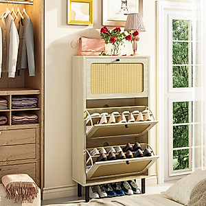 DKLGG Shoe Cabinet with 3 Flip Drawers, Rattan Entryway Shoe Storage Cabinet, Freestanding Wooden Shoe Rack Storage Cabinet with Metal Legs, Narrow Hidden Shoe Organizer for Entryway Hallway Mudroom