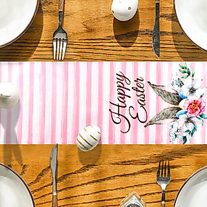Sping Table Runner 13x72 Inches, Easter Floral Table Runner with Pink Stripe for Easter Spring Holiday Dining Table Party Decorations Events