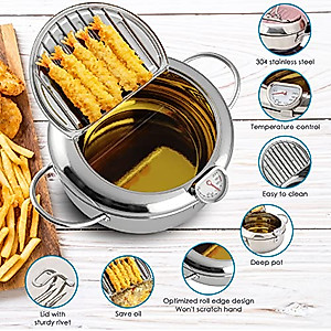 Deep Fryer Pot, Tempura Frying Pan, Stove Top, 9” x 5.5”, 114 Oz (3.6 Qt), 304 Stainless Steel, Flat Bottom, w/Lid & Temperature Control Thermometer, Japanese Style Cookware, Mini Frier | Houseables