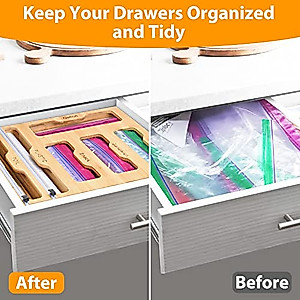 INHOTBY Foil and Plastic Wrap Organizer,Bamboo Ziplock Bag Organizer,6 in 1 Aluminum Foil Dispenser with Cutter,Tin Foil Baggie Organizer for Drawer,Kichen Aluminum Foil Organization and Storage